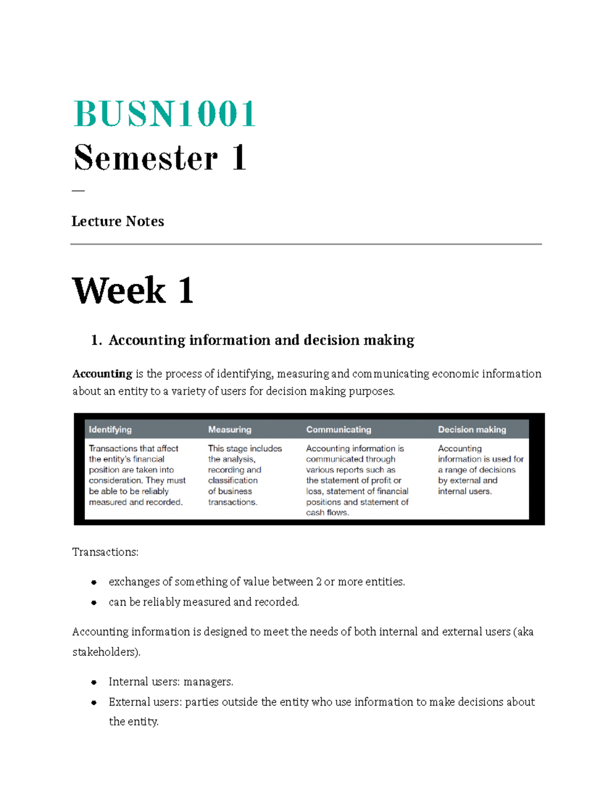 BUSN1001- Lecture Notes - BUSN Semester 1 ___ Lecture Notes Week 1 1 ...