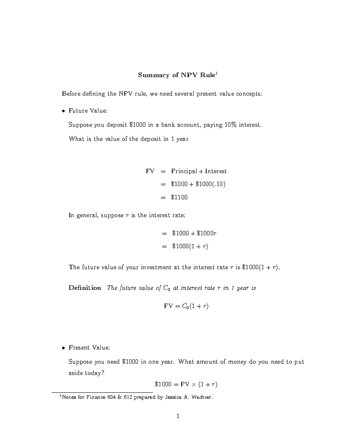 Net Present Value-NPV Rule - Summary of NPV Rule 1 Before defining the ...