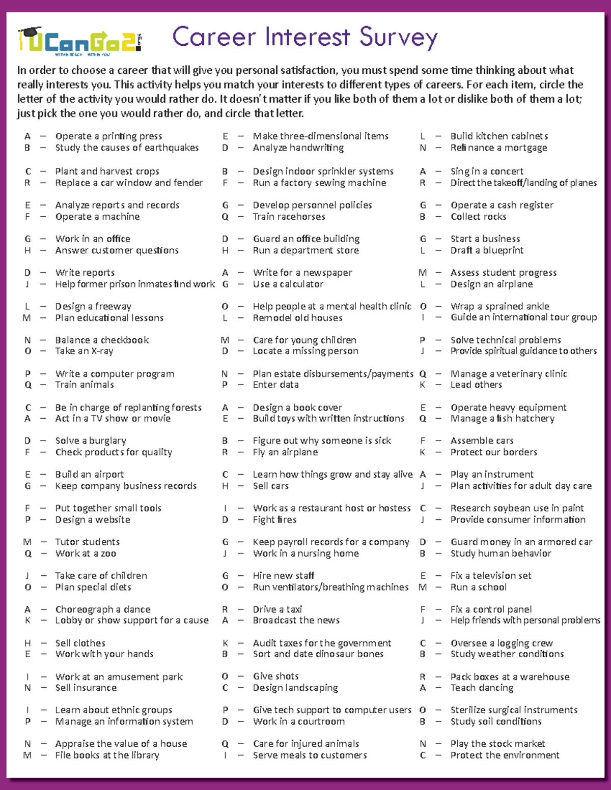 Career Interest Survey 2 - UCanGo2U org TM WITHIN REACH ... WITHIN YOU ...