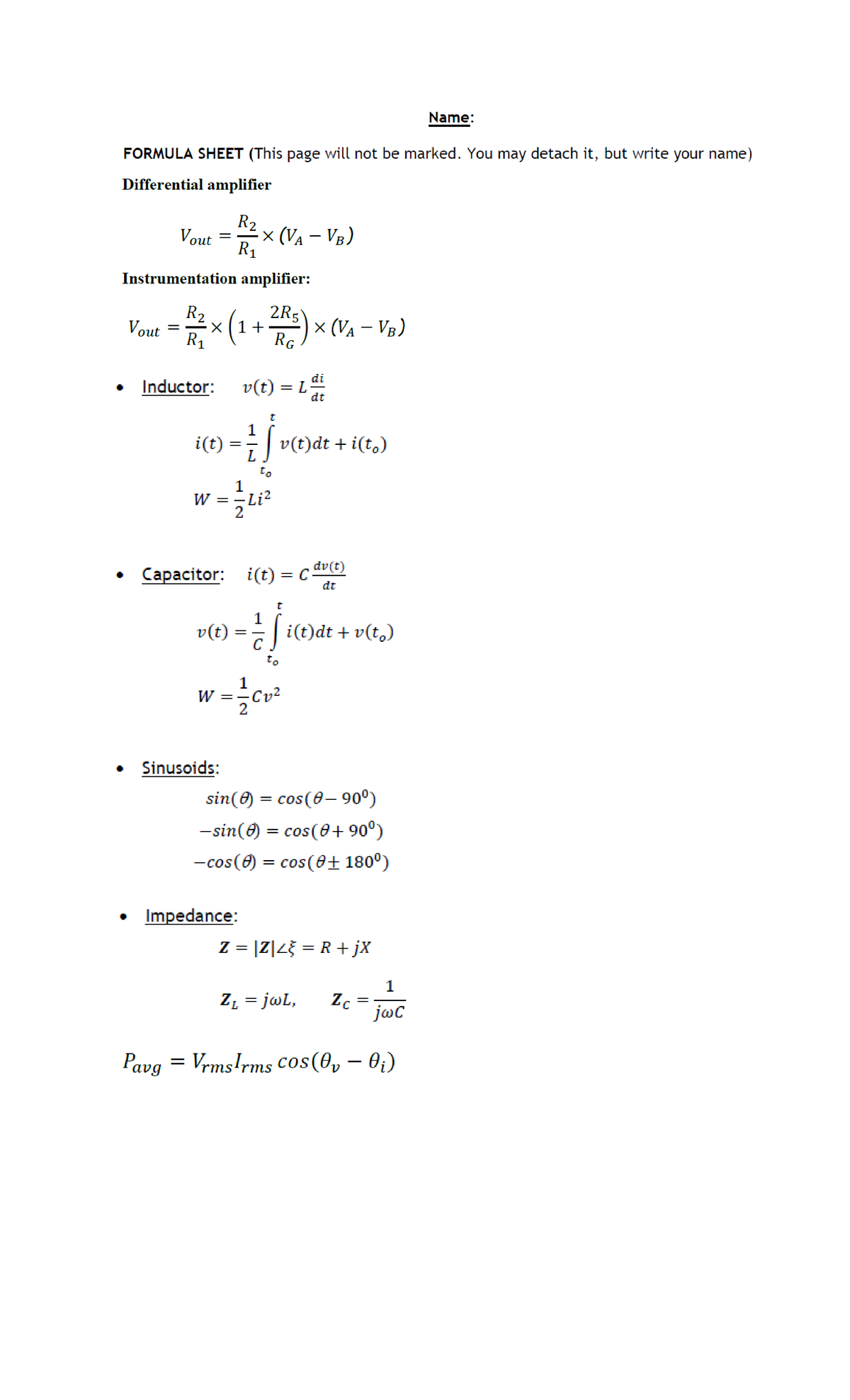 Final Exam Formula Sheet - Mte 120 - Name: FORMULA SHEET (This page ...