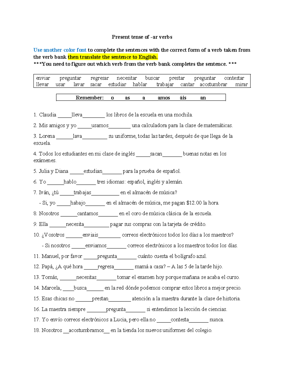 -AR verb bank - homework - Present tense of -ar verbs Use another color ...
