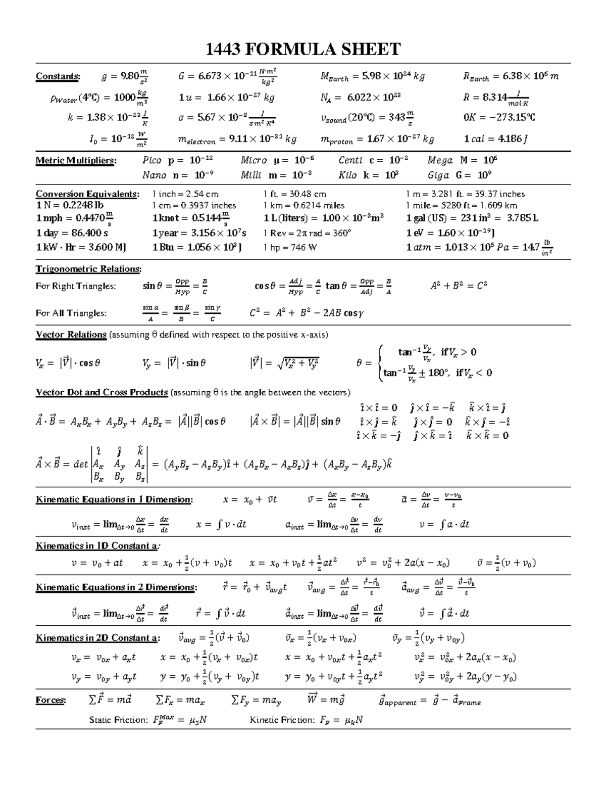 1443 Formula Sheet - 1443 FORMULA SHEET Constants: ( ) ( ) Metric ...