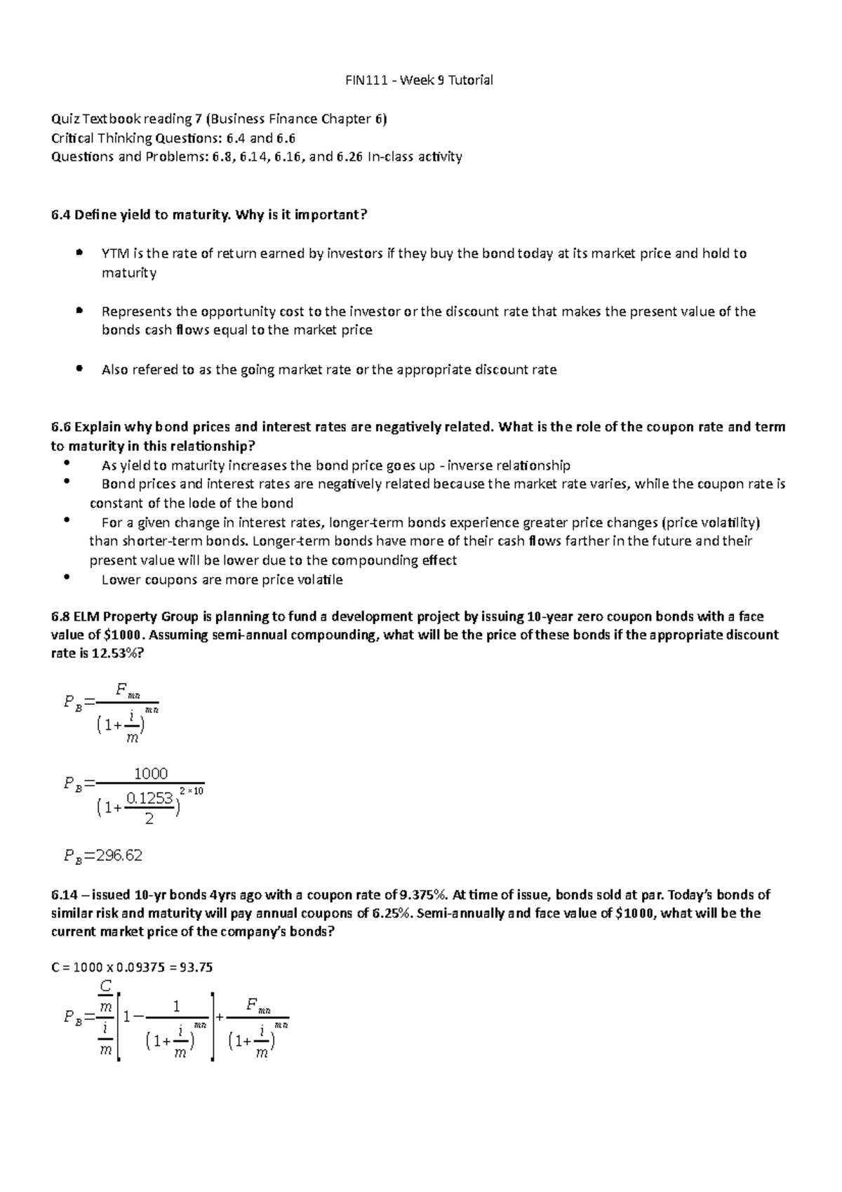 FIN111 Tut Wk 9 - wk 9 tutorial questions - FIN111 - Week 9 Tutorial ...