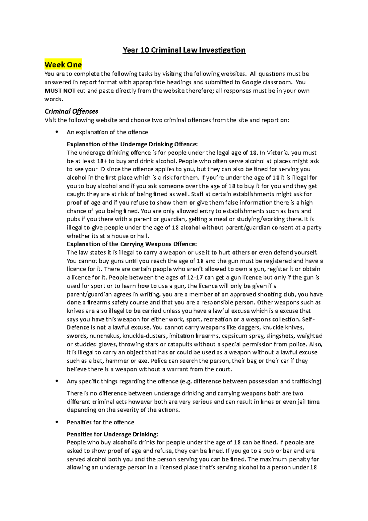 Week One - Criminal Law Investigation - Year 10 Criminal Law ...