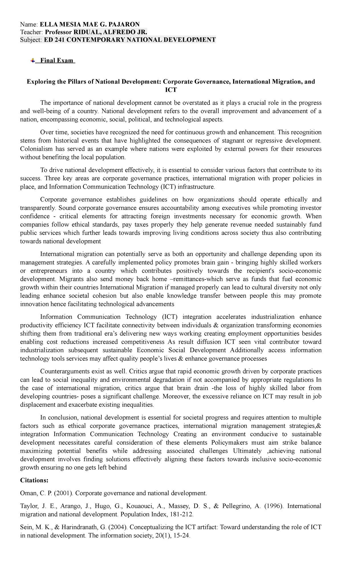 Pajaron Ed 214 final Exam Answer - Name: ELLA MESIA MAE G. PAJARON ...
