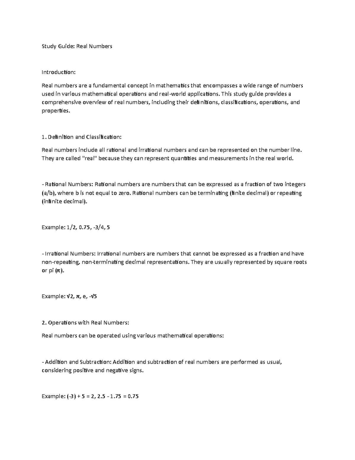 7 Real Numbers - Study Guide: Real Numbers Introduction:Real numbers are a fundamental concept ...