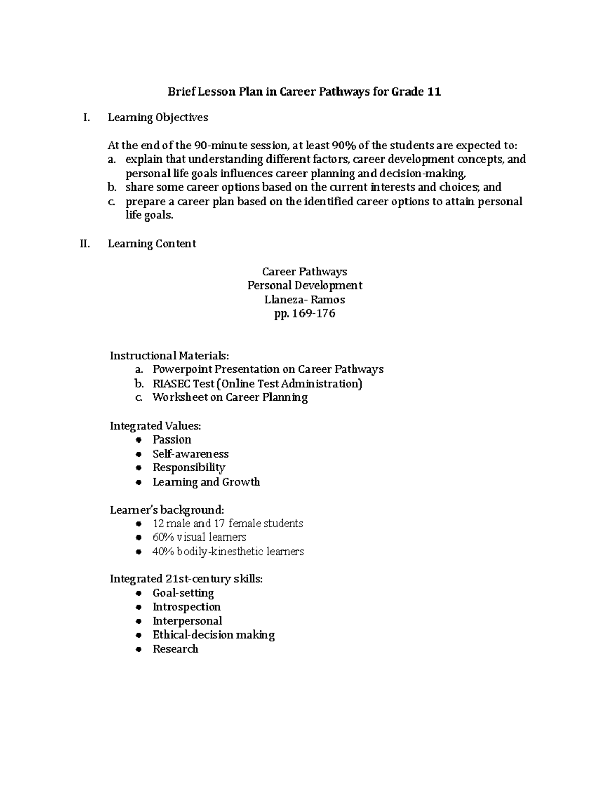 Brief Lesson Plan - Learning Objectives At the end of the 90-minute ...