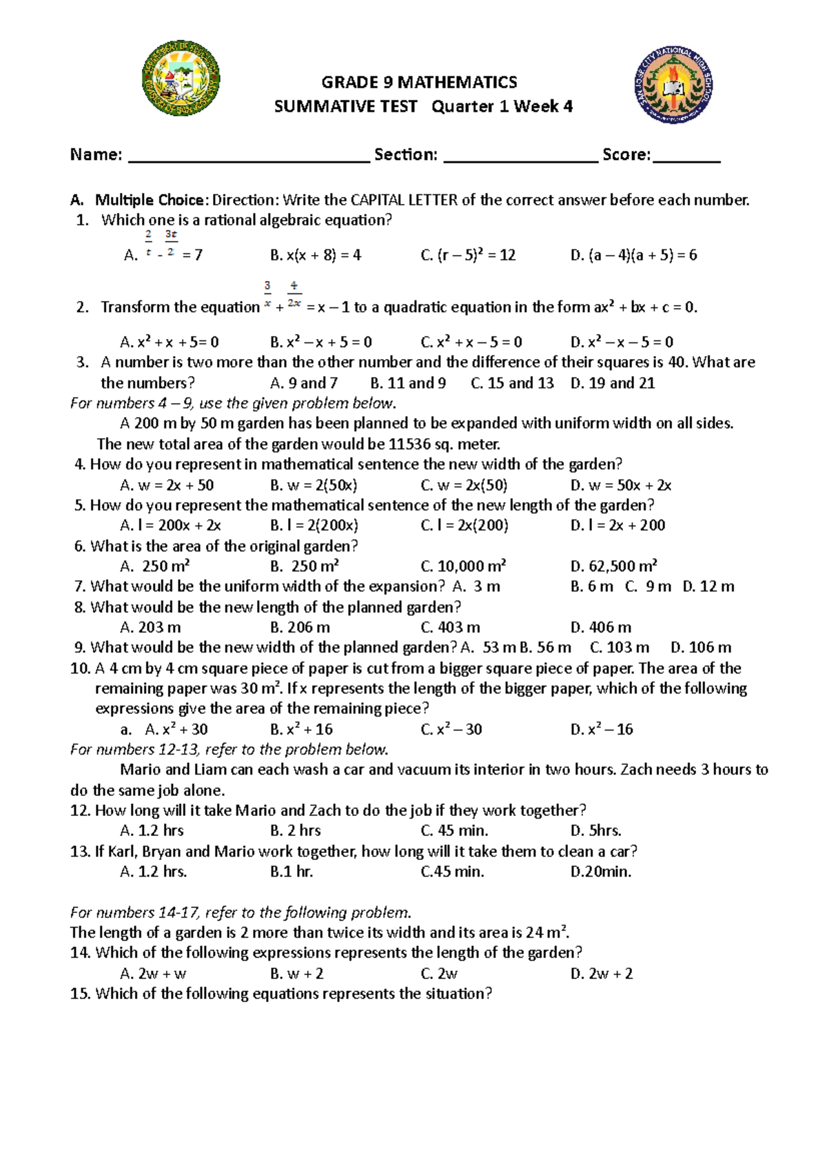 GAT Math 9 Q1W4 - Algebraic and pointers to review for colleges and ...