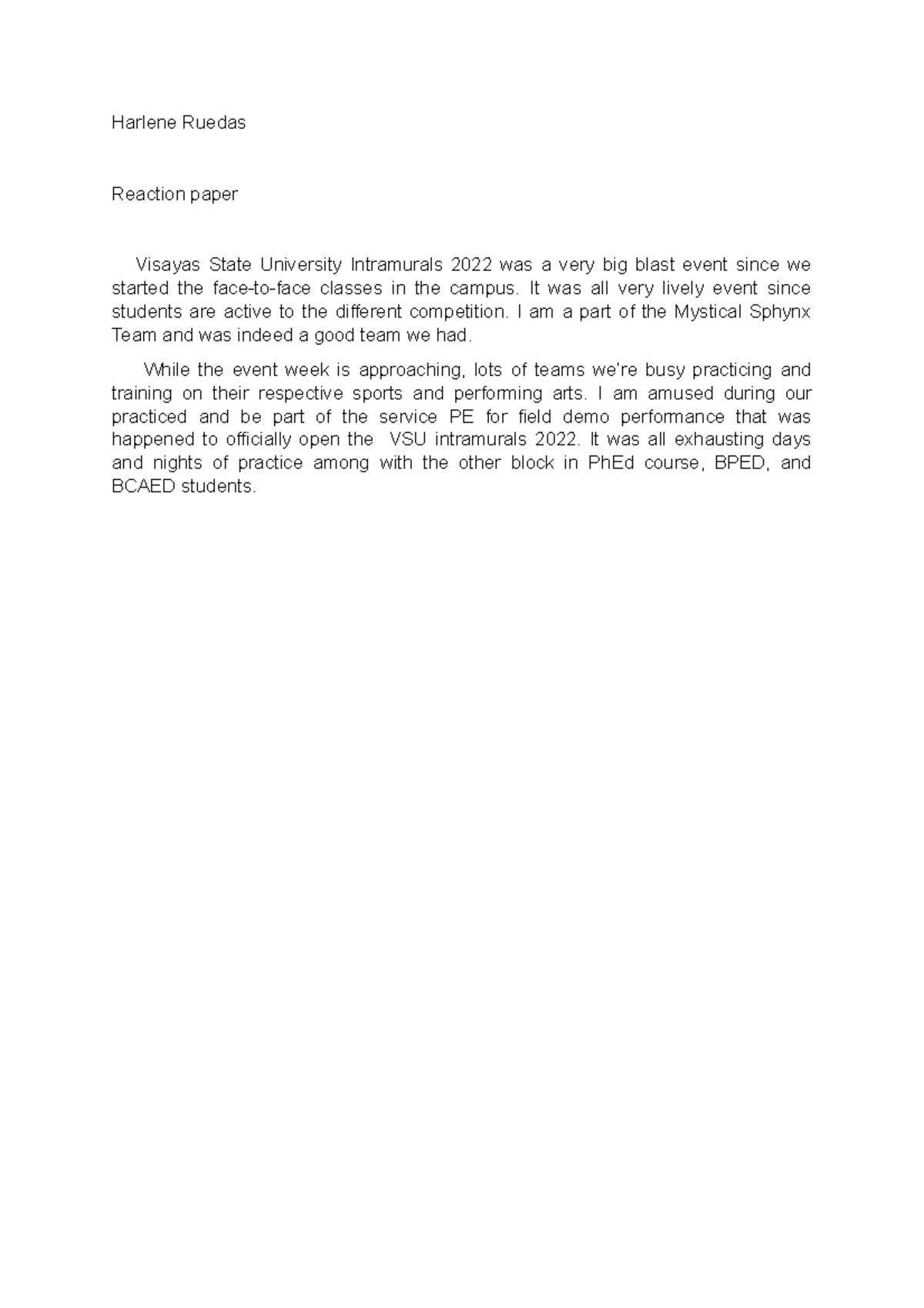 Intramurals Reaction paper - Harlene Ruedas Reaction paper Visayas ...