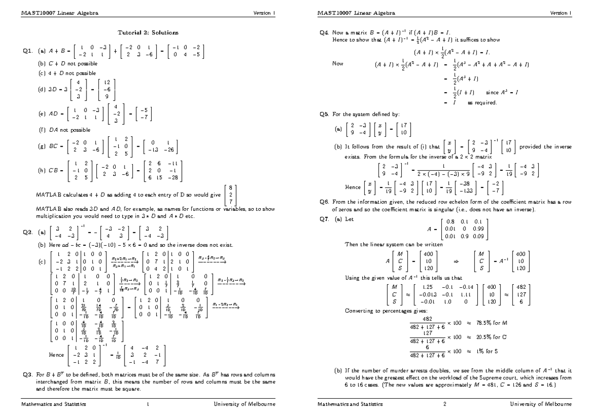 T02solutions - tute solutions - MAST10007 Linear Algebra Version 1 ...