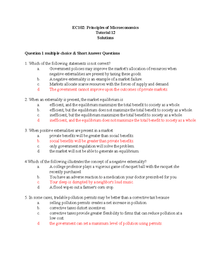 EC102 Tutorial 9 Solution - EC102: Principles of Microeconomics Tutorial 9 Solutions Question 1 ...