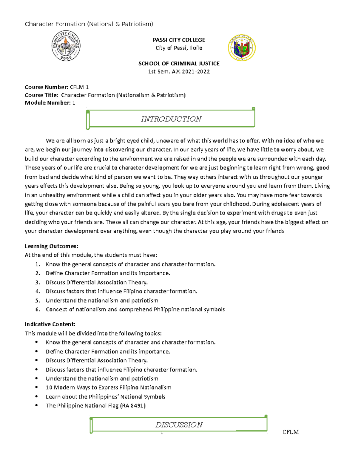 CFLM-1 Module-1 - Character Formation - PASSI CITY COLLEGE City of ...