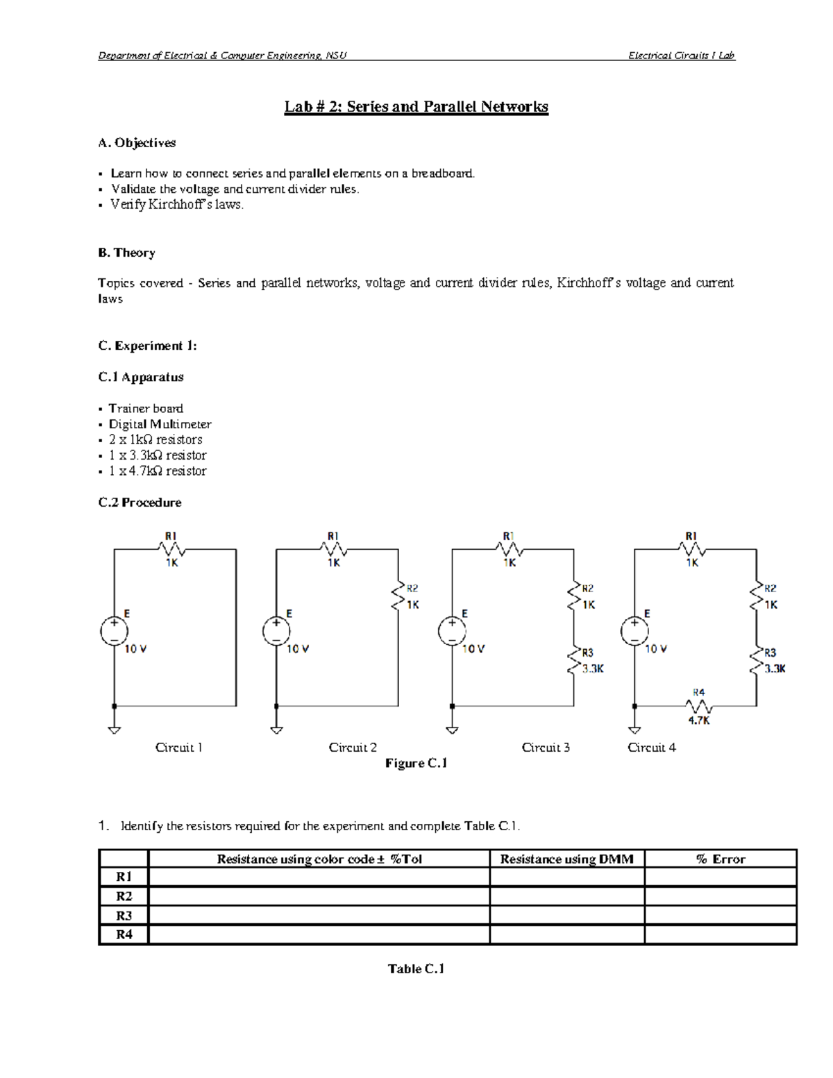 Lab-2 Series and Parallel Networks - Lab # 2: Series and Parallel Networks A. Objectives Learn ...