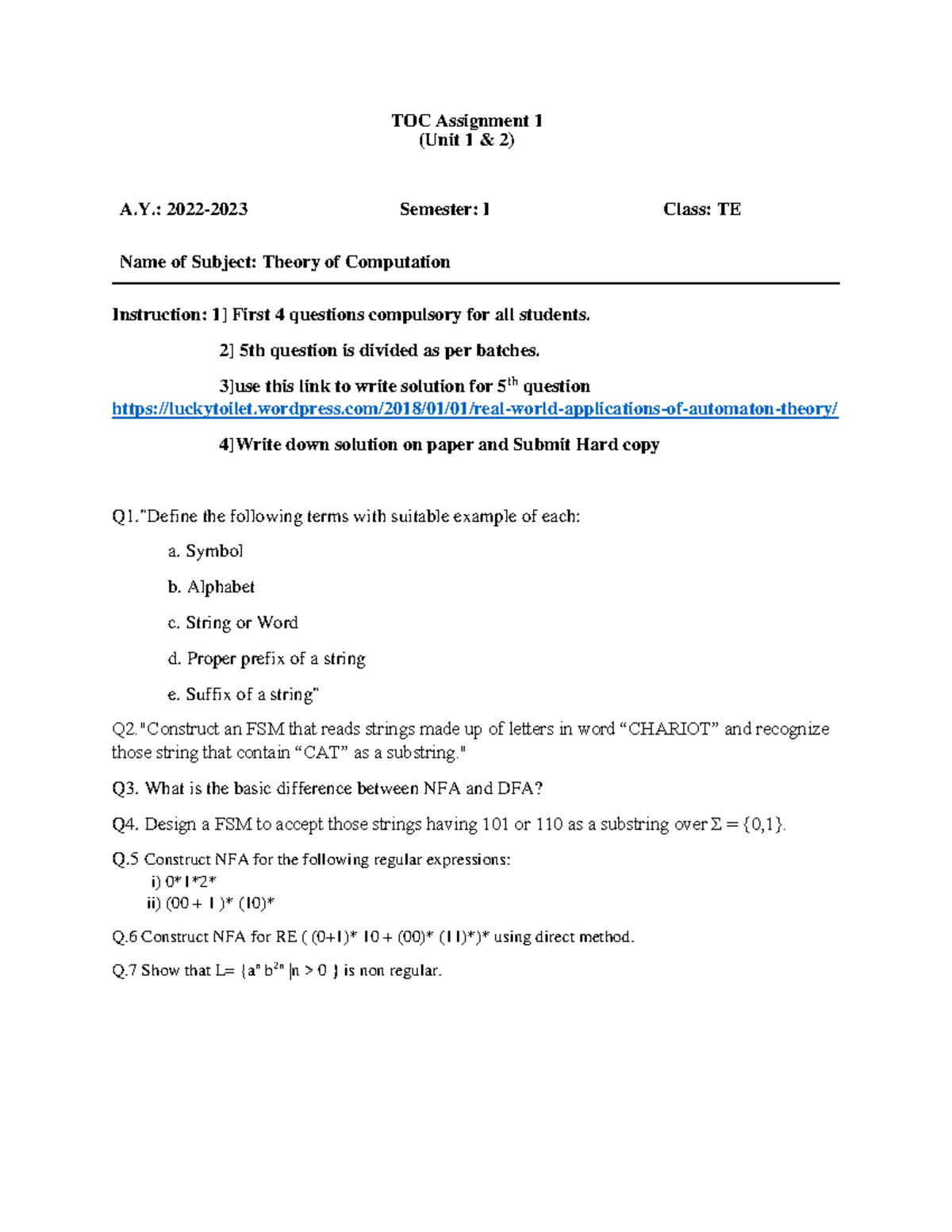 TOC - asdfghjkl - TOC Assignment 1 (Unit 1 & 2) A.: 2022-2023 Semester: I Class: TE Name of ...