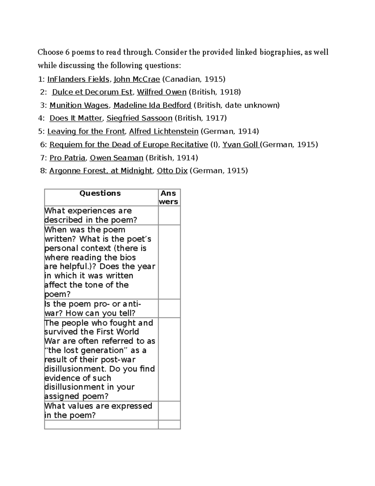 Poetry analysis - Choose 6 poems to read through. Consider the provided ...
