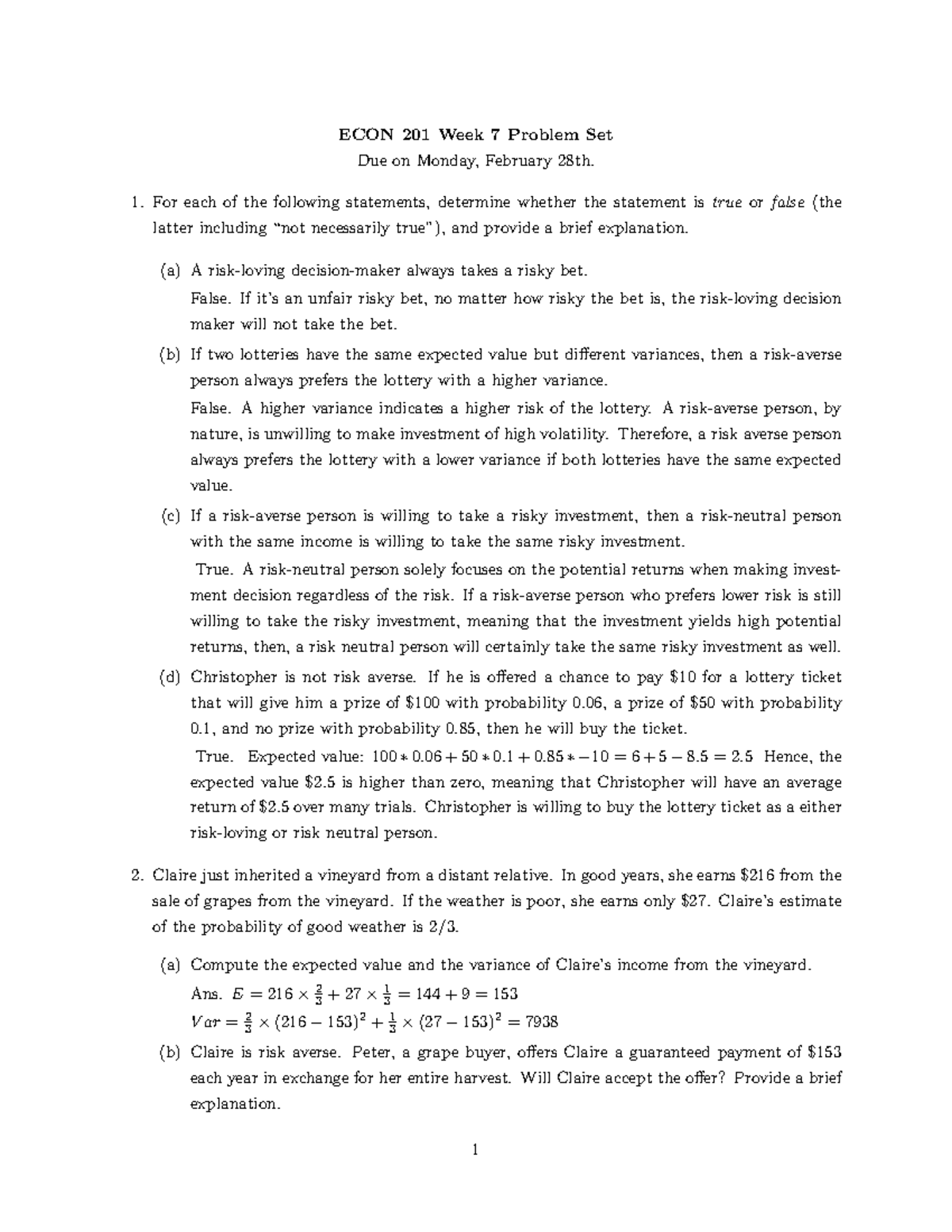 Econ 201 HW 7 Problem Set - ECON 201 Week 7 Problem Set Due on Monday, February 28th. For each ...