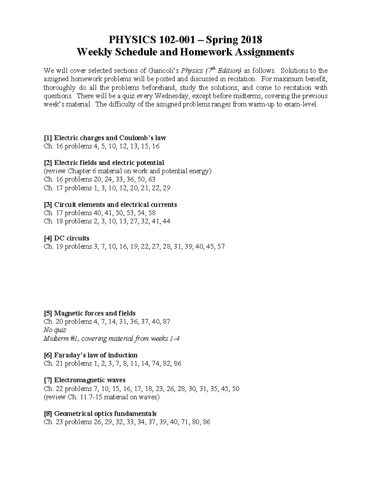 Phys102 S2018 Schedule Homework - PHYSICS 102-001 – Spring 2018 Weekly ...