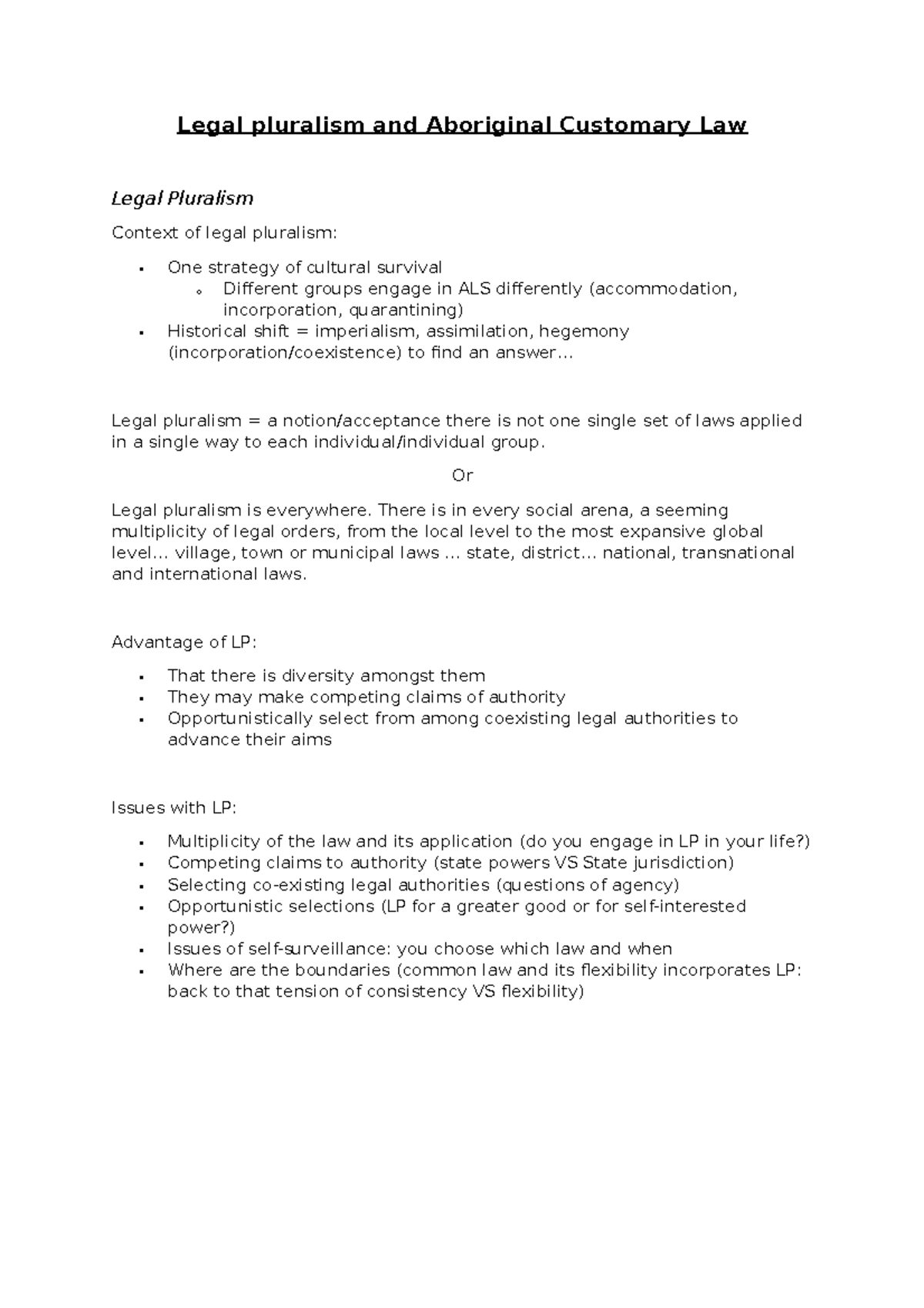W6 Legal pluralism and Aboriginal Customary Law - Legal pluralism and ...