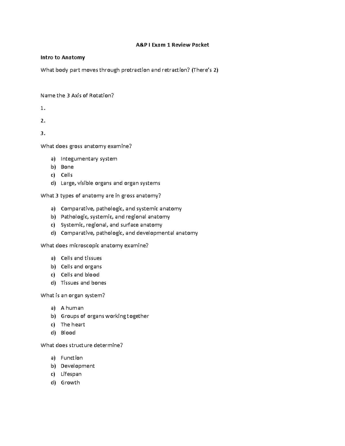 RP1 Intro practice for exam one on anatomy - A&P I Exam 1 Review Packet ...
