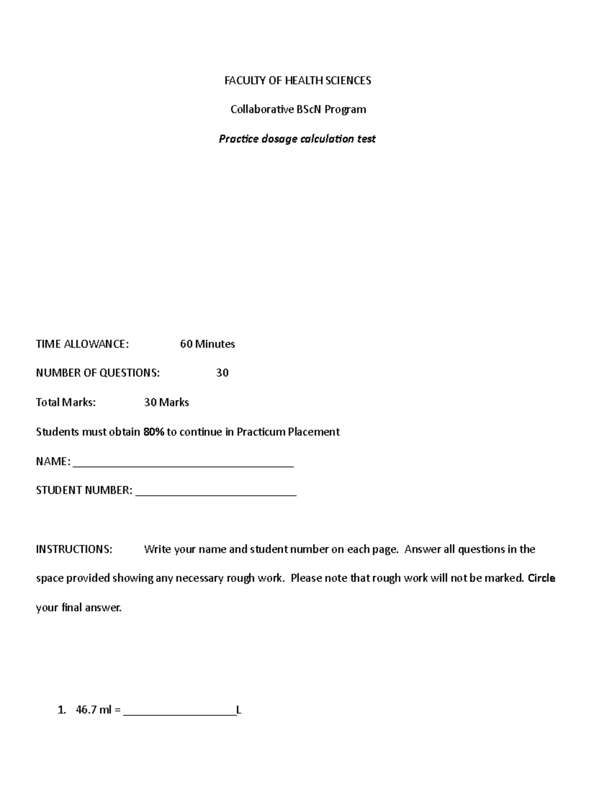 Math practice 2 - Math calculations - FACULTY OF HEALTH SCIENCES ...