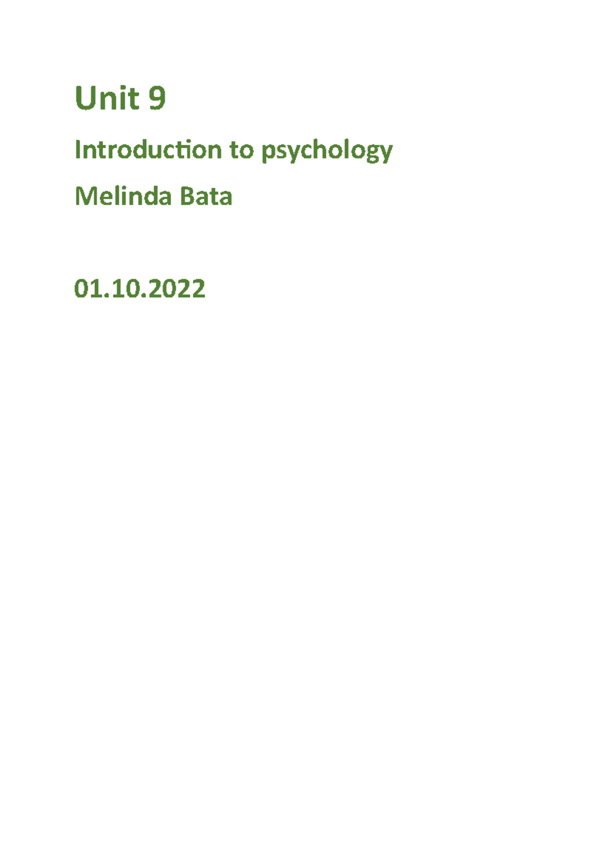 Unit 9 Psychology MB - Unit 9 Introduction to psychology Melinda Bata ...