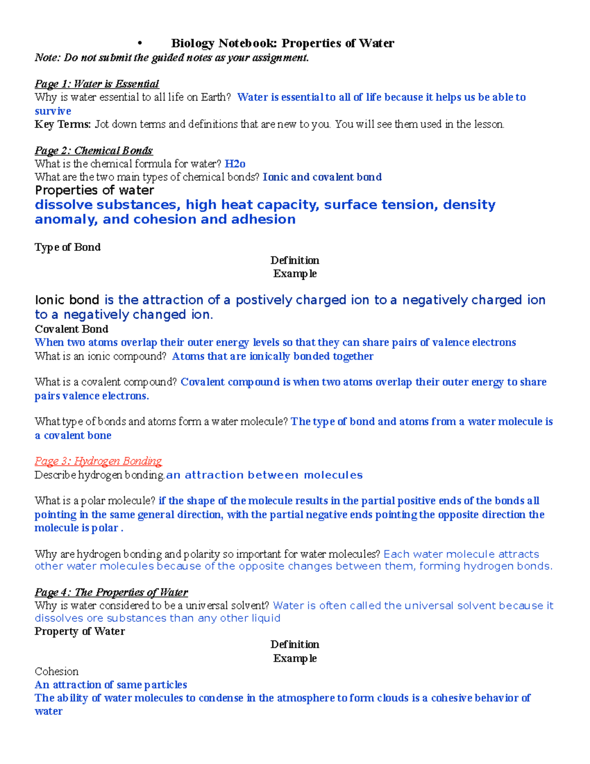 2.01 water properties - I got a 100 so this is correct - • Biology ...