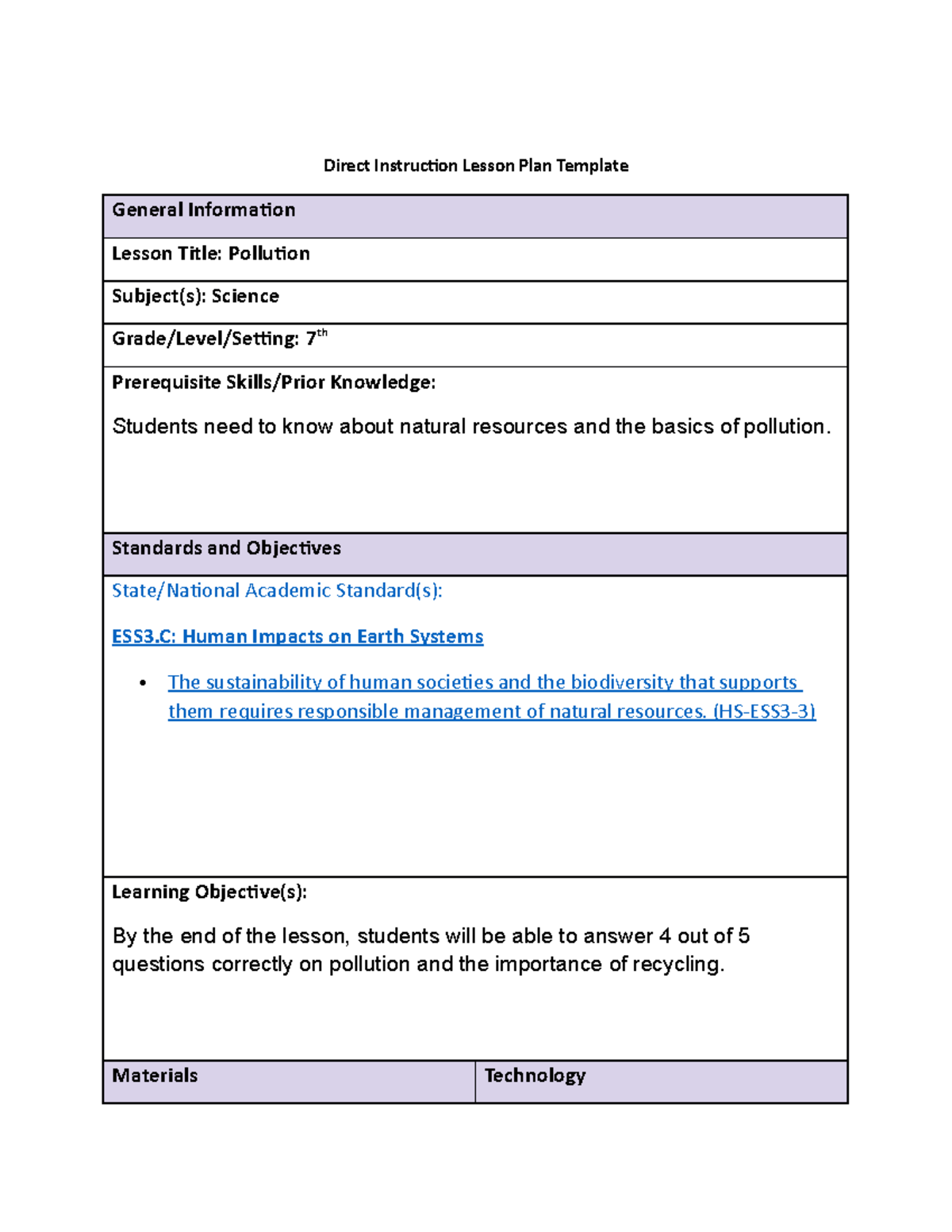 Pollution - Direct Instruction Lesson Plan Template General Information ...