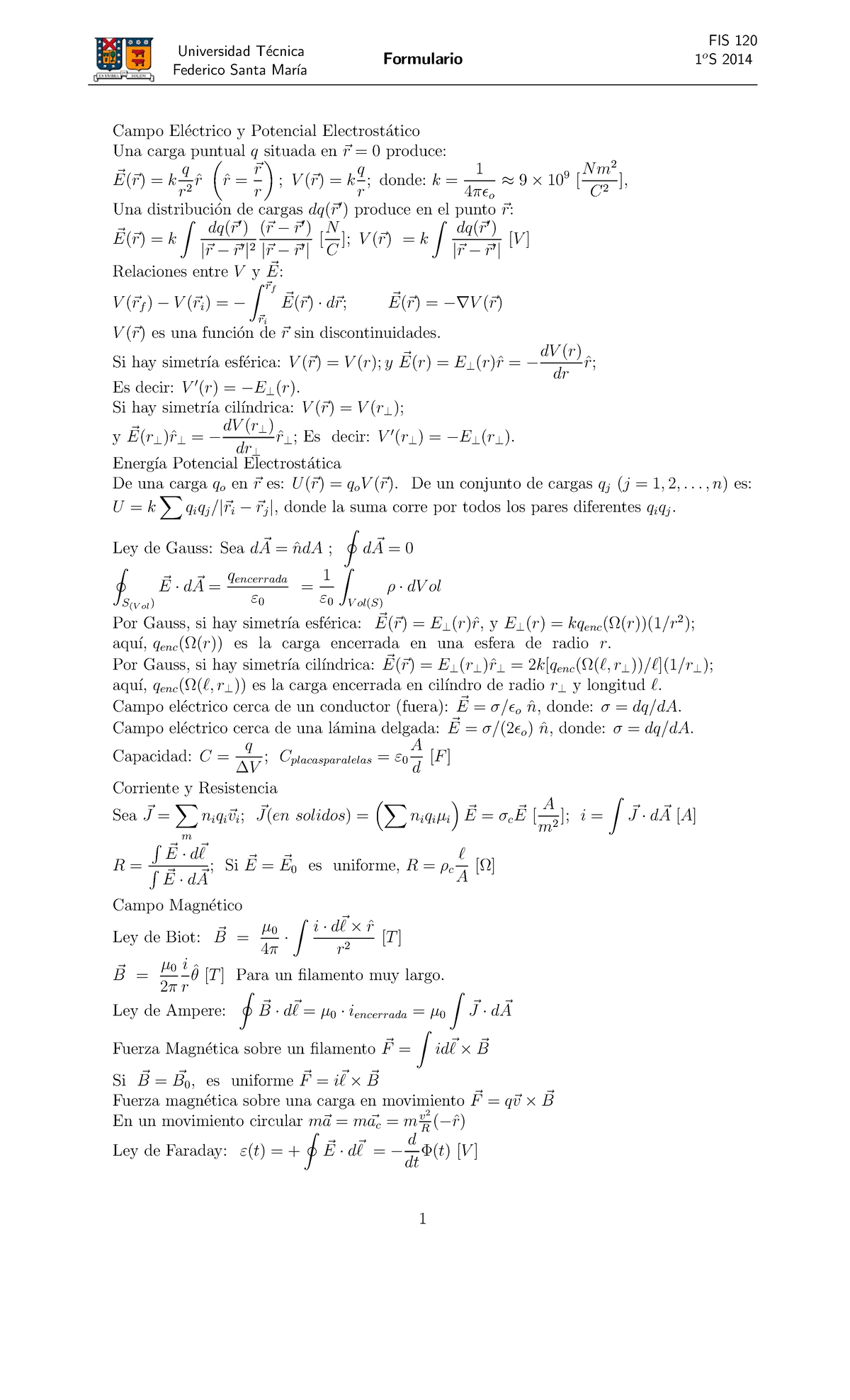 [FIS120] Formulario Completo - Universidad T´ecnica Federico Santa Mar´ıa Formulario FIS 120 1o ...