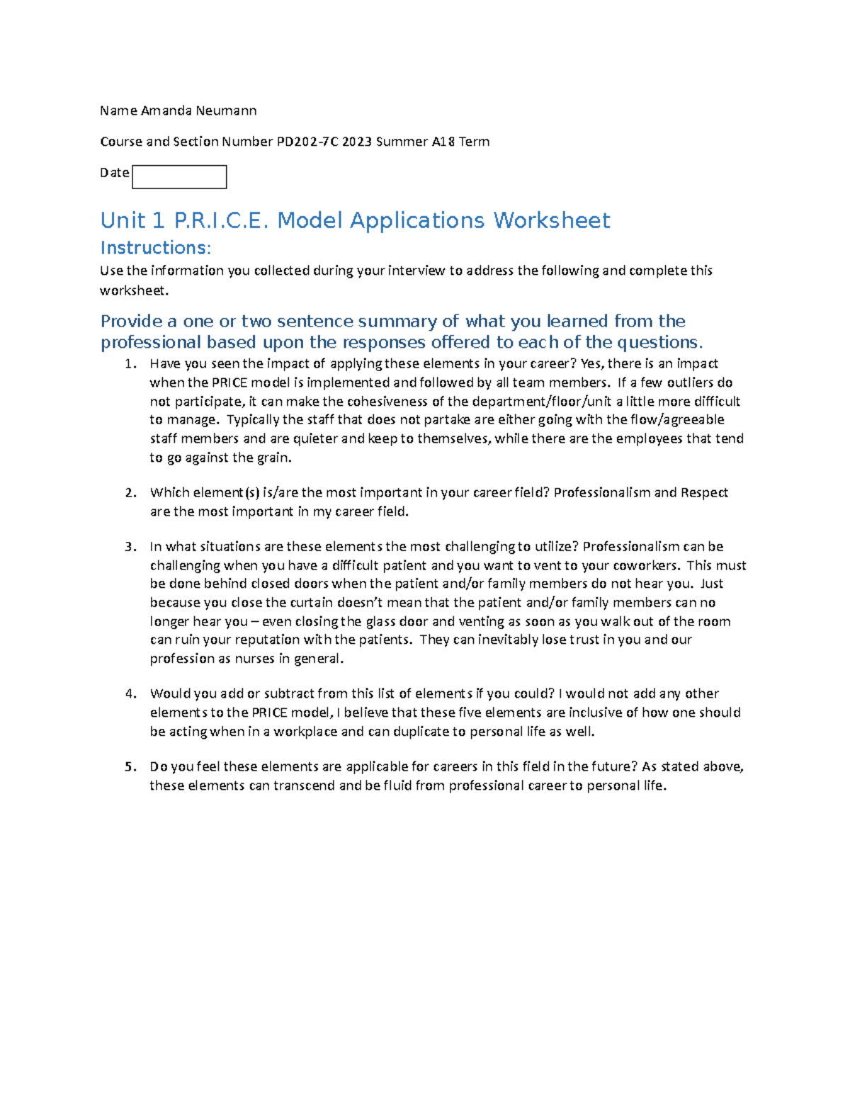 PD202 Unit 1 P.R.I.C.E. Model Applications - Name Amanda Neumann Course ...