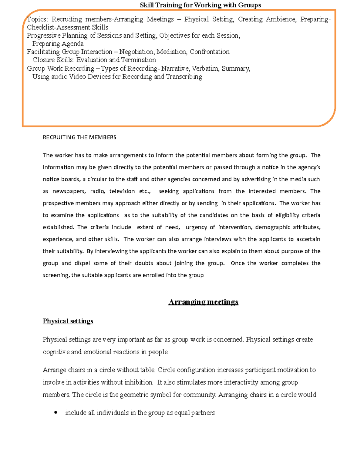 BSW M5 - This note is on skill training for working with group - Skill ...