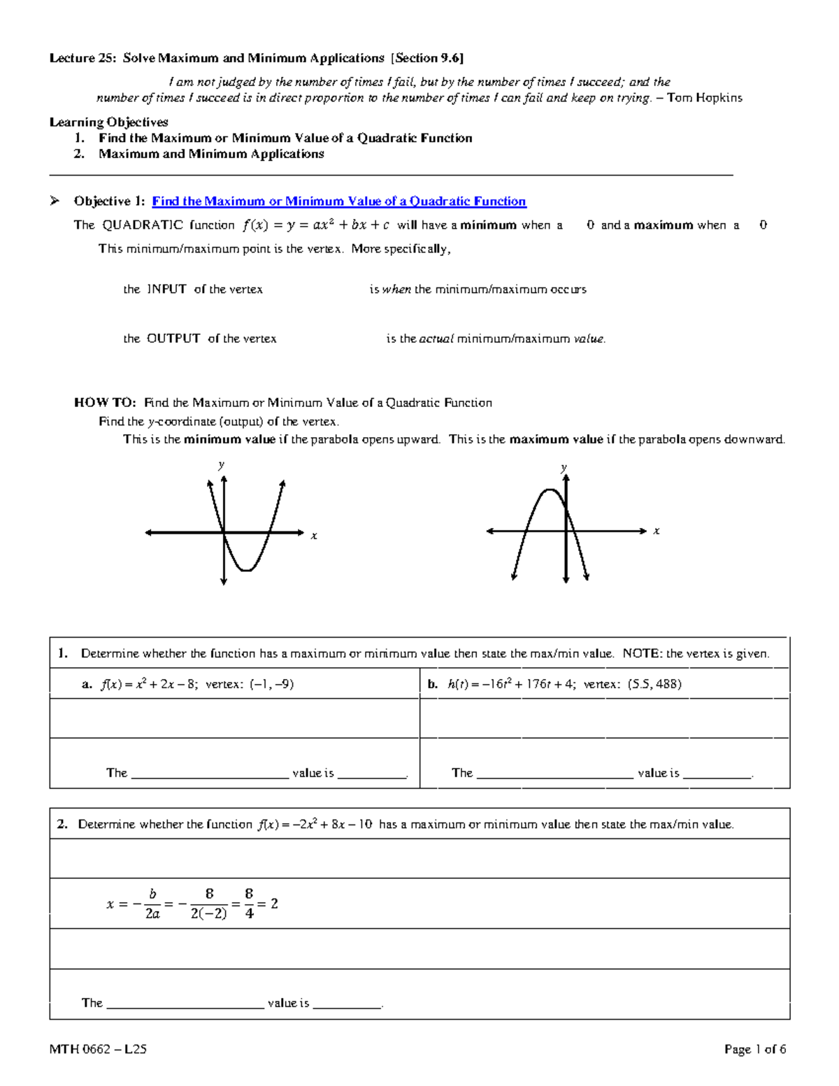 0662 - L25 - Maximum and Minimum Applications - Lecture 25: Solve Maximum and Minimum ...