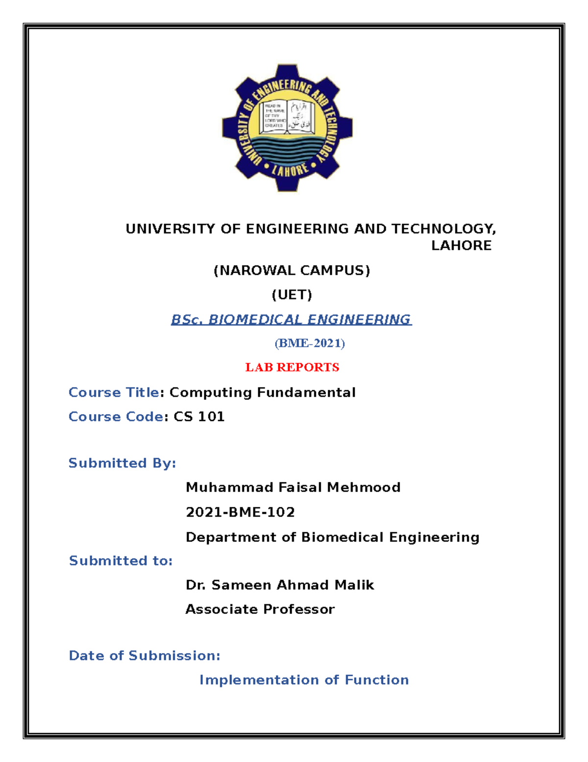 Implementaion of function - UNIVERSITY OF ENGINEERING AND TECHNOLOGY ...