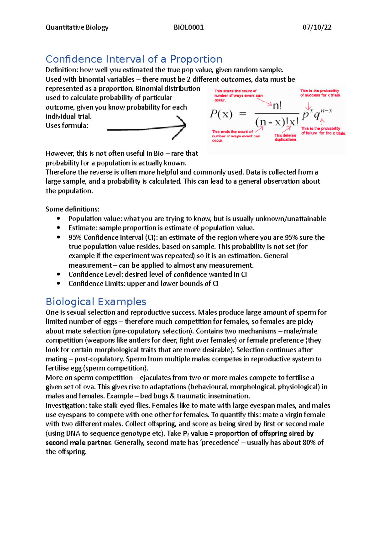 Lecture 3 confidence intervals of proportion docx - Quantitative Biology BIOL0001 07/10 ...