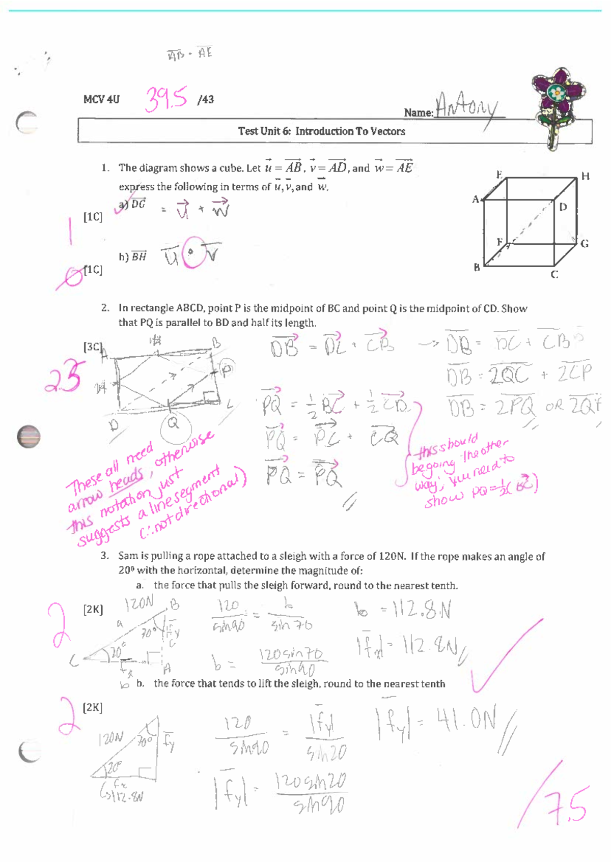 Unit 6 Test: Introduction to Vectors - The diagram shows a cube. Let it ...