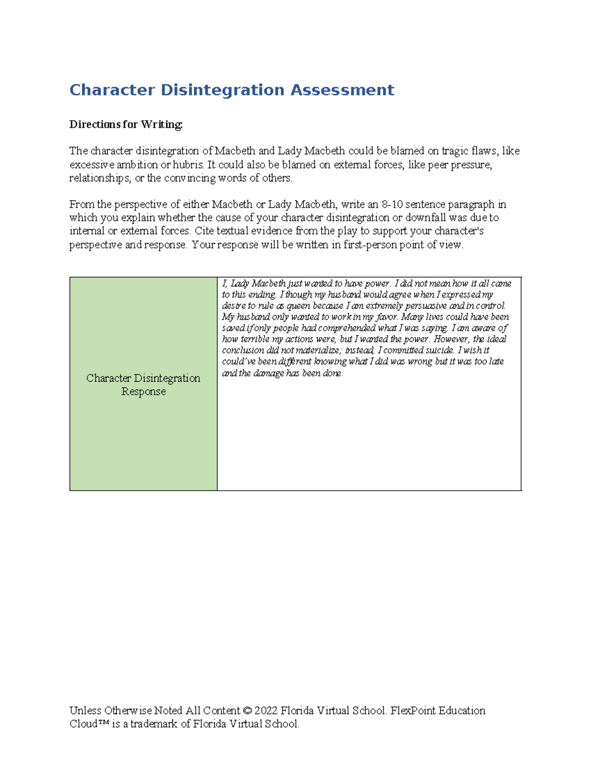 Character disintegration rubric 5 - Character Disintegration Assessment ...