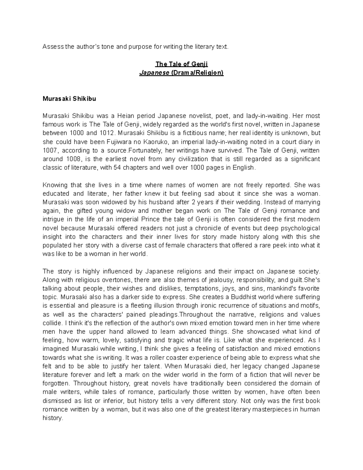 The Tale Of Genji - Assess the author’s tone and purpose for writing ...