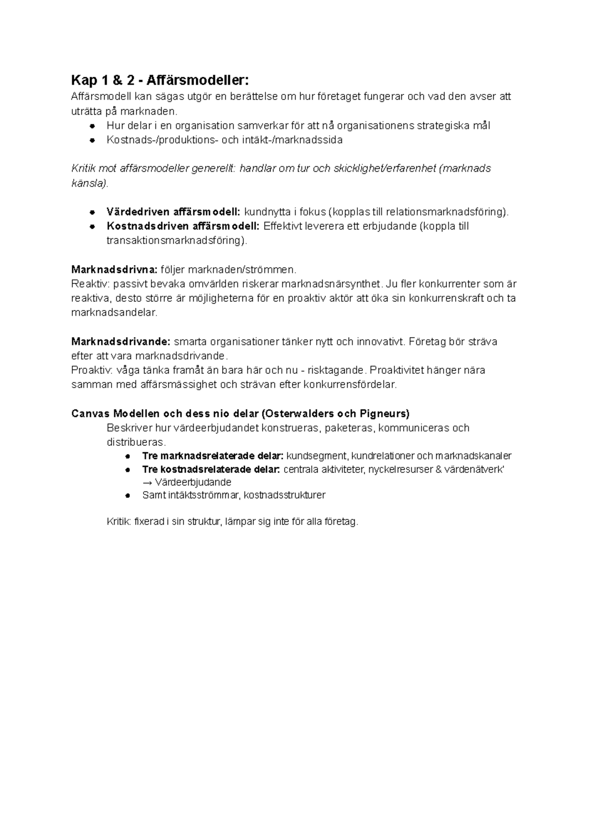 Modeller Kap 1-2 Marknadsföring 1 - Kap 1 & 2 - Affärsmodeller ...