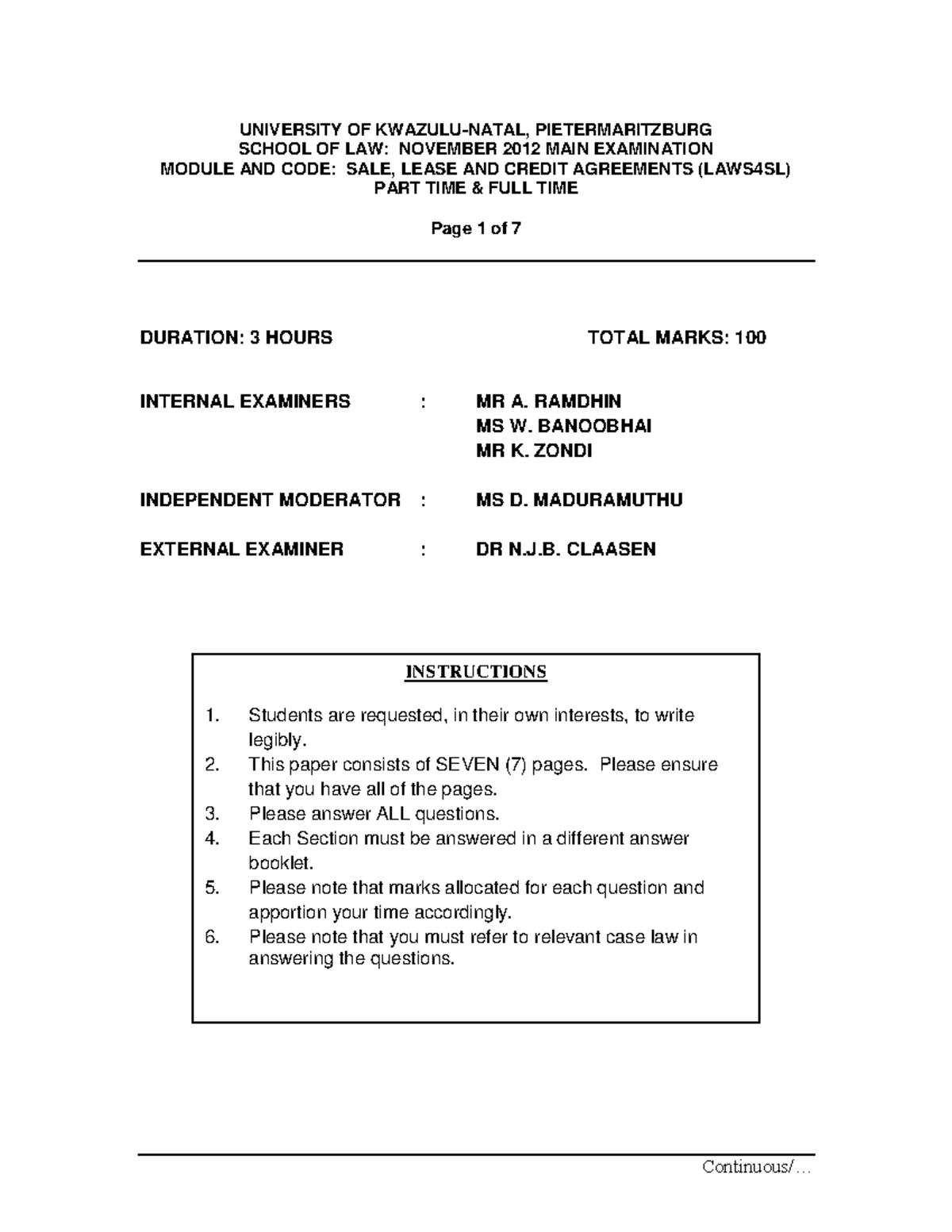 Exam 11 November 2012, questions - SCHOOL OF LAW: NOVEMBER 2012 MAIN EXAMINATION MODULE AND CODE ...