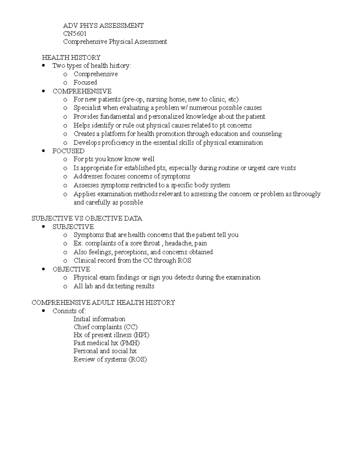 Health History - Lecture notes from video - CN Comprehensive Physical ...