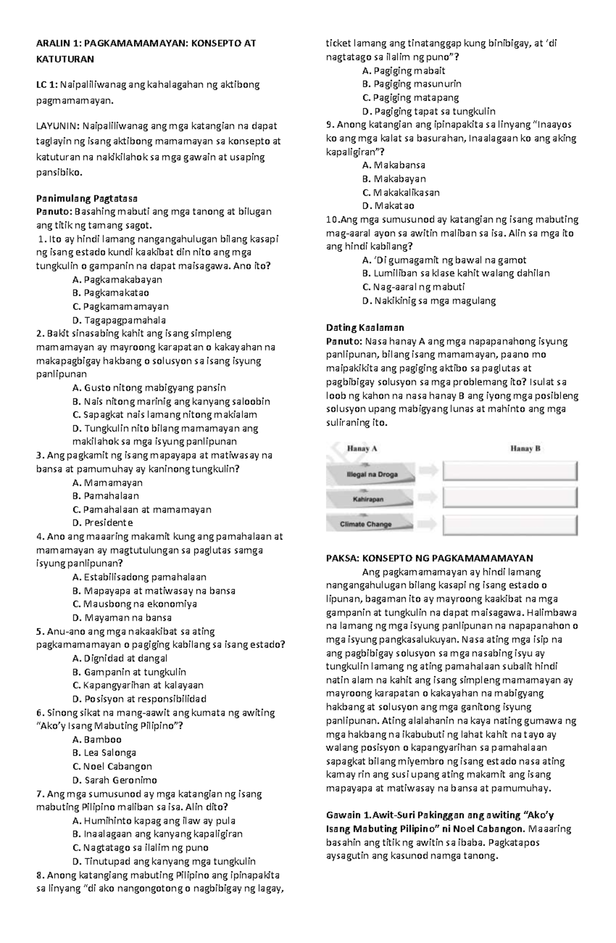 AP-10 Q4 Aralin-1-3 Handouts Activity - ARALIN 1: PAGKAMAMAMAYAN: KONSEPTO AT KATUTURAN LC 1 ...