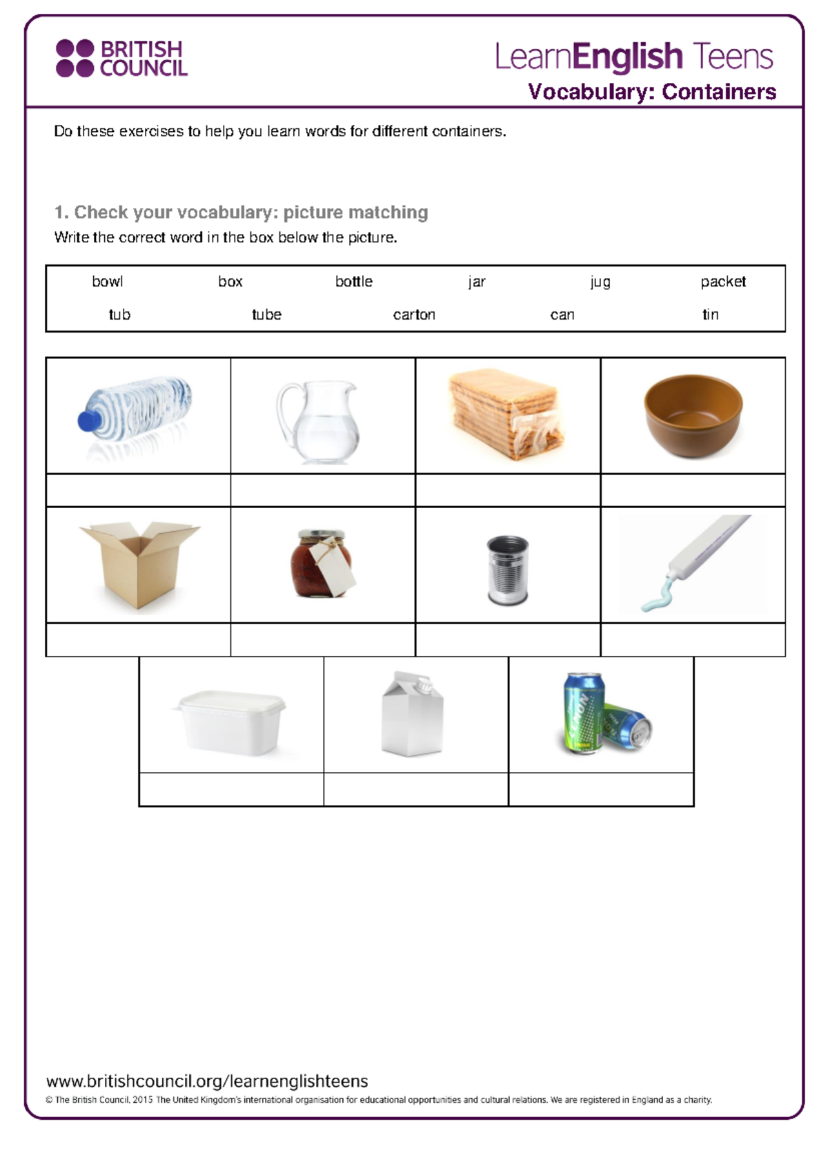 Containers - exercises - Ingles - Vocabulary: Containers Do these ...