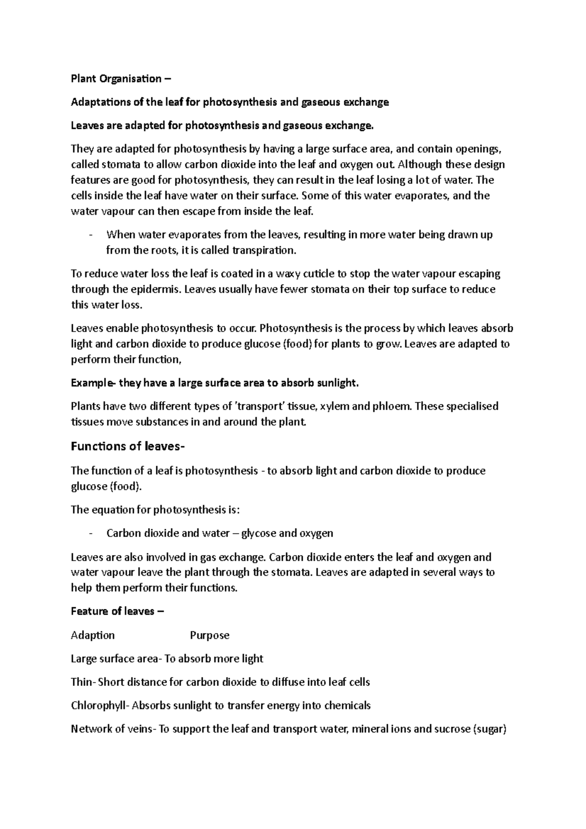 Plant Organisation - Lecture notes 4-5 - Plant Organisation ...