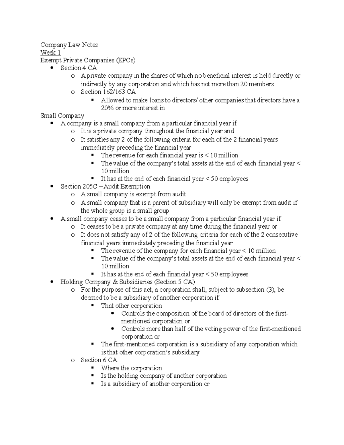 Company Law Notes - Company Law Notes Week 1 Exempt Private Companies ...