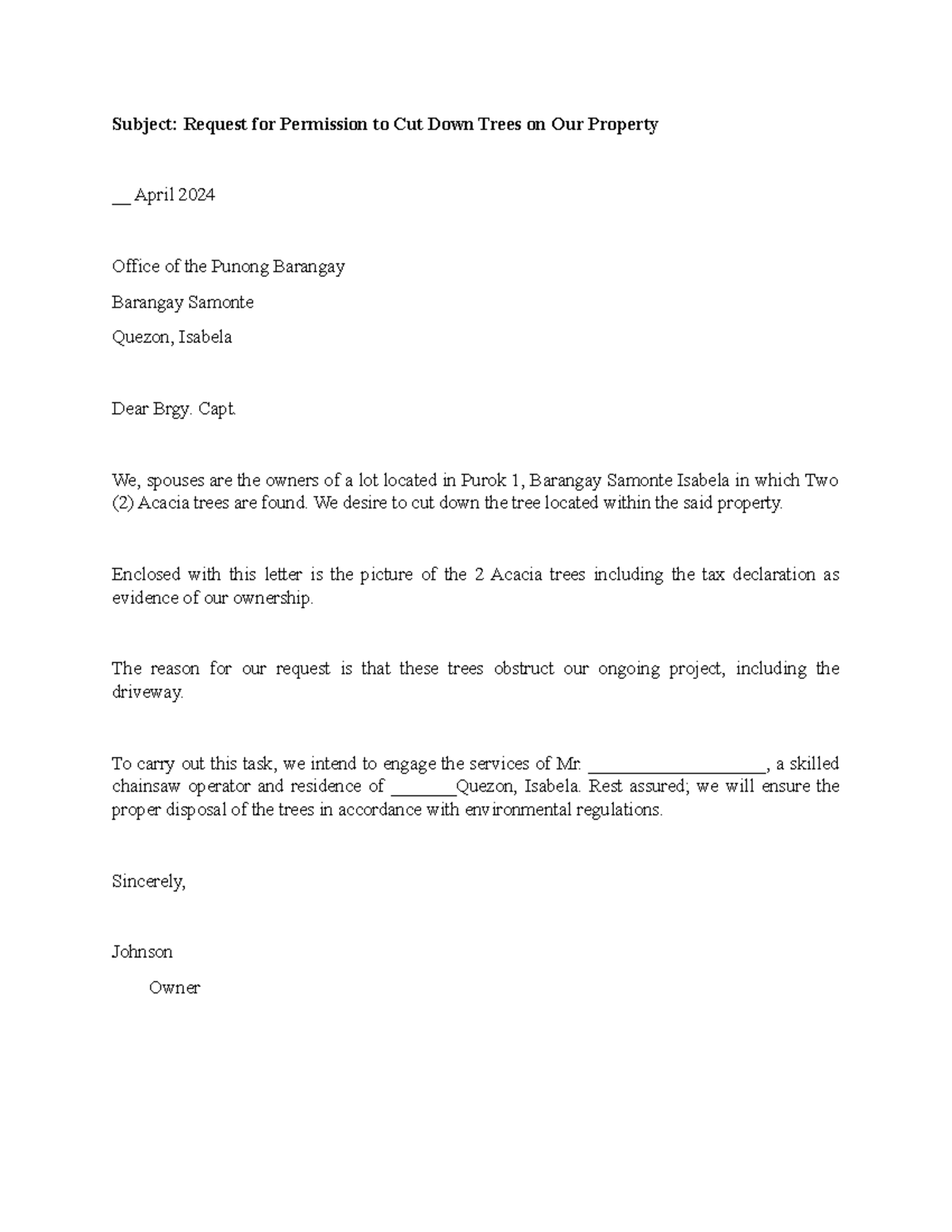 Barangay - bRANGAY LETER - Subject: Request for Permission to Cut Down ...