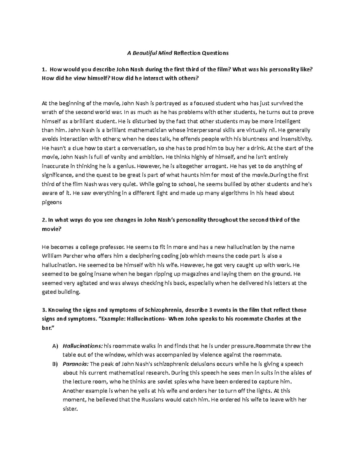 PSY 470 "A Beautiful LIFE" Questions - A Beautiful Mind Reflection ...