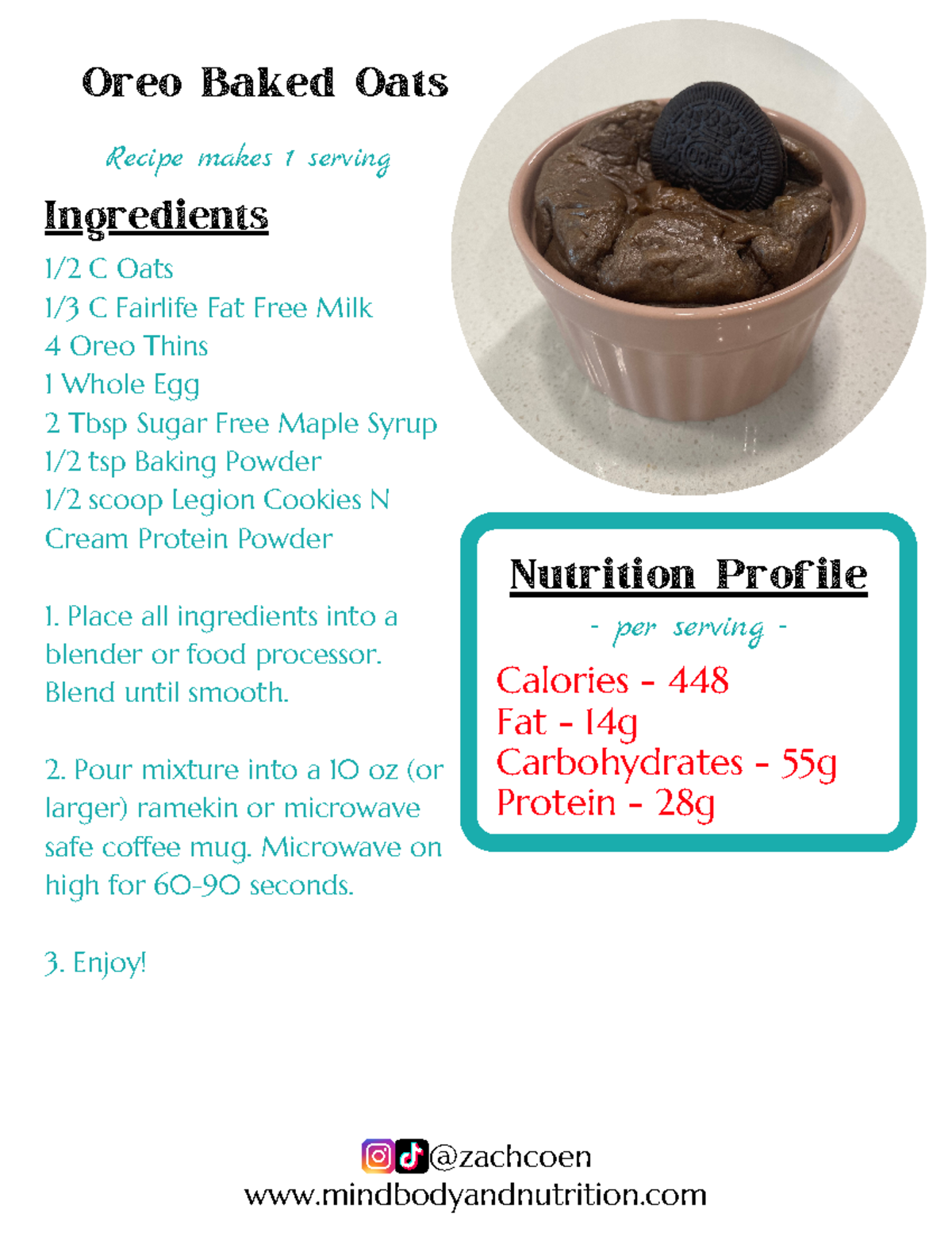 Oreo Baked Oats - Oreo Baked Oats Recipe makes 1 serving Ingredients 1/ ...