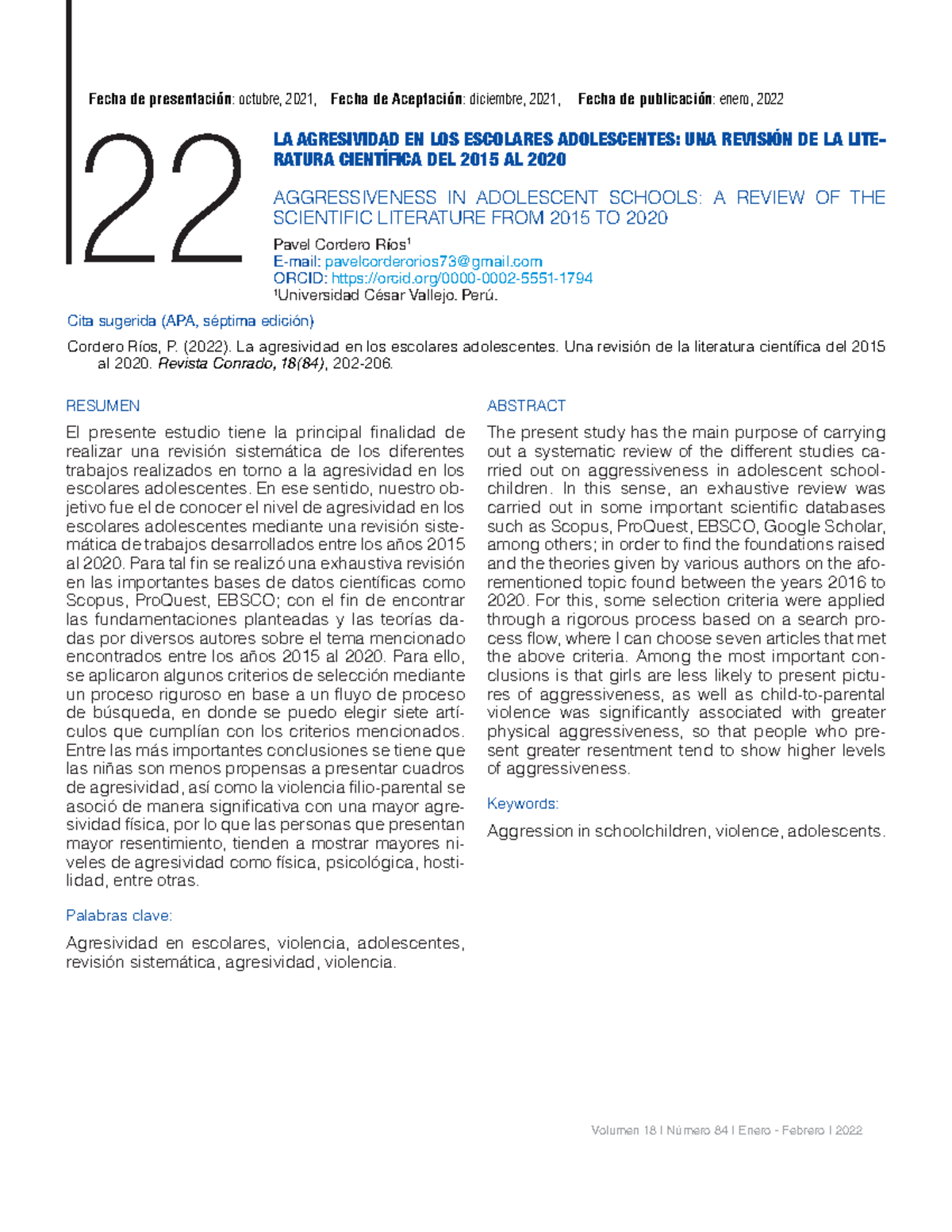 Artículo científico adolescente - Fecha de presentación: octubre, 2021 ...