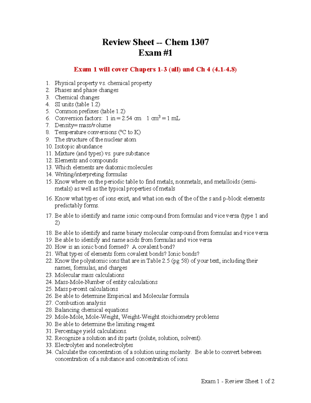 Chem1307S23Exam1Rev Sheet (002) - Exam 1 - Review Sheet 1 of 2 Review ...