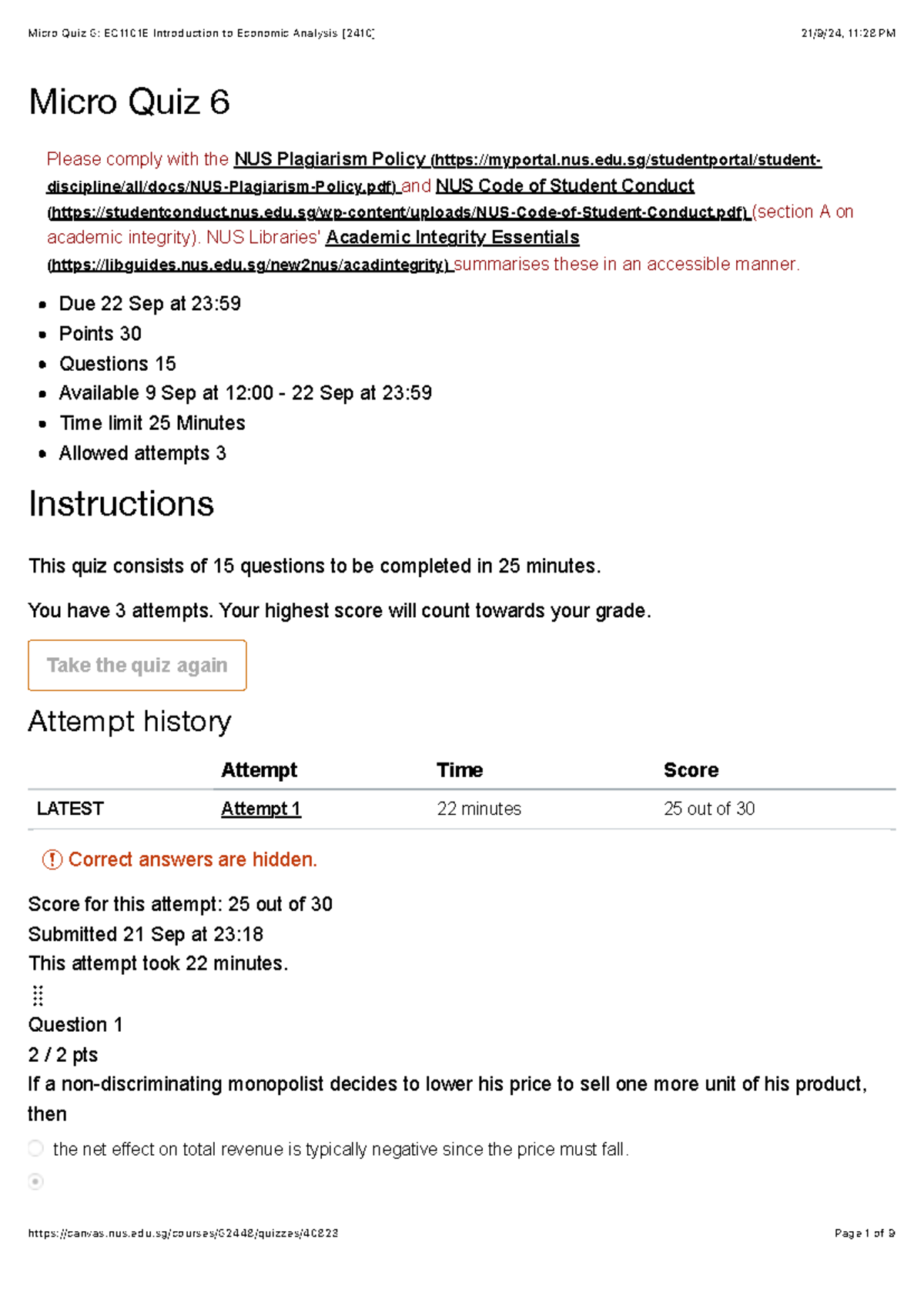 Quiz 6 attempt 1 - quiz - Micro Quiz 6 Please comply with the NUS Plagiarism Policy - Studocu
