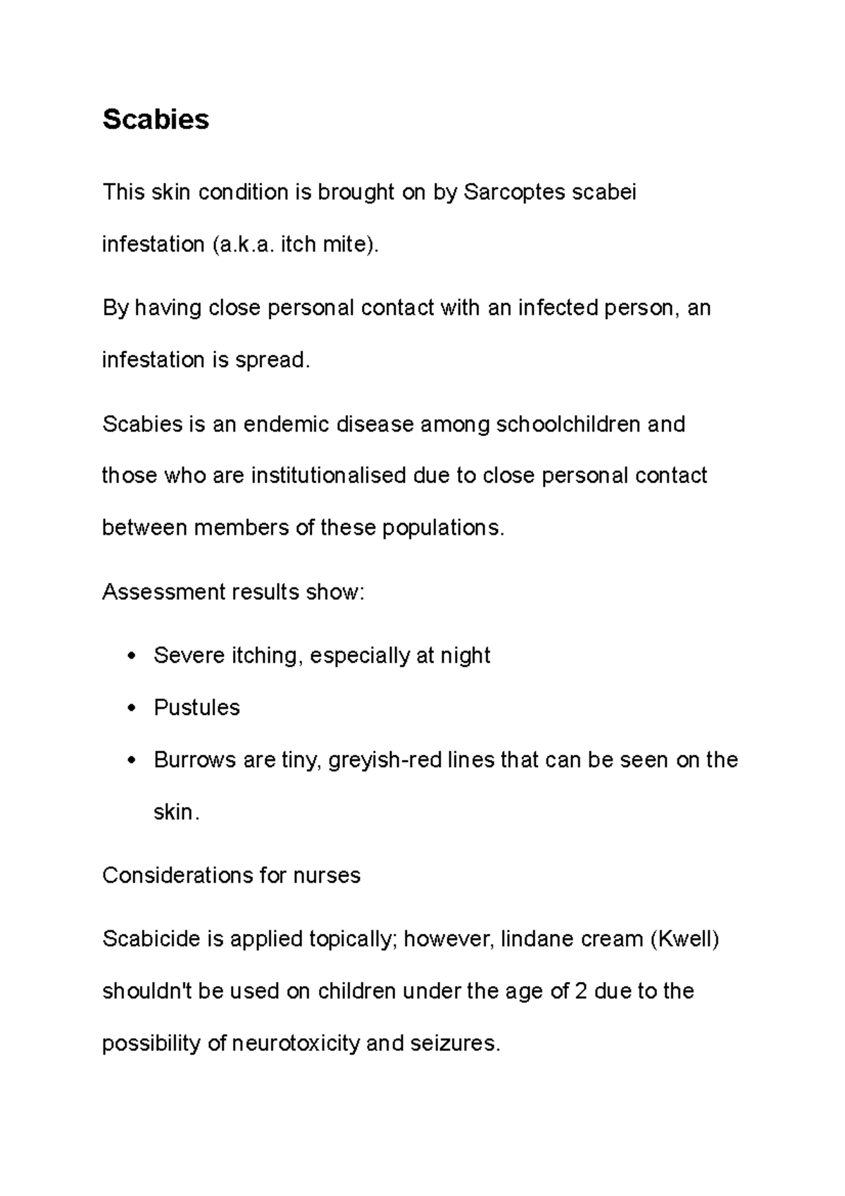 Scabies - Notes - Scabies This skin condition is brought on by ...